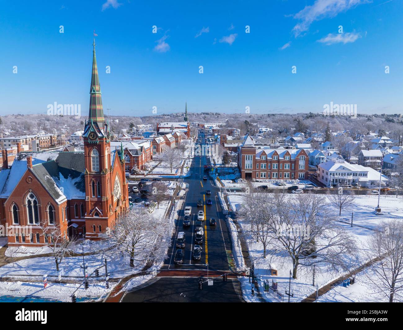 First Congregational Church aerial view in winter with snow at 2 E ...