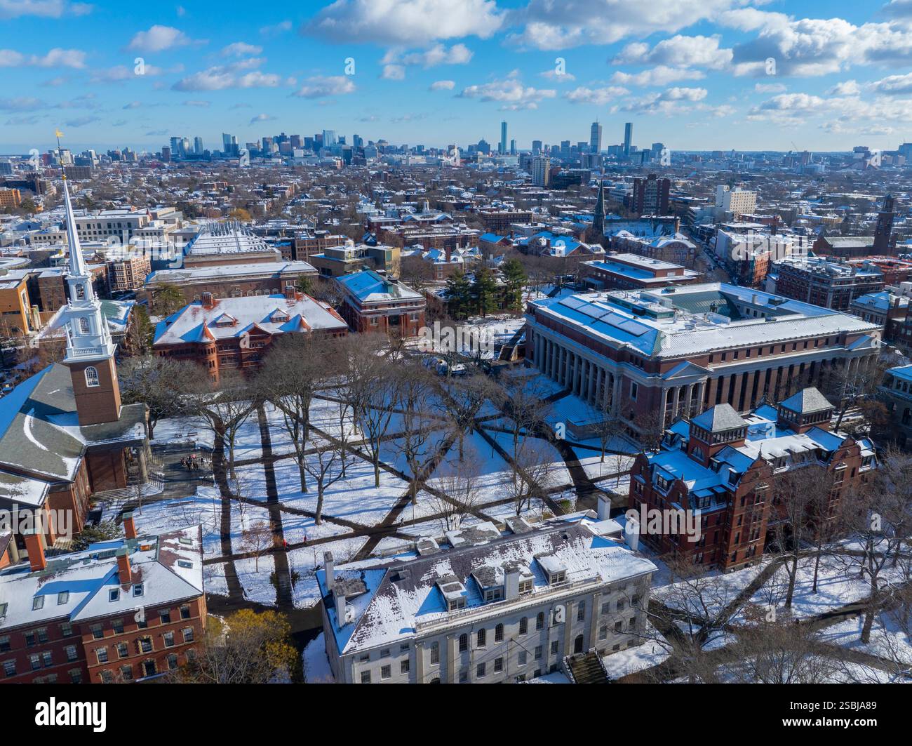 Old Harvard Yard aerial view in winter including Memorial Hall ...