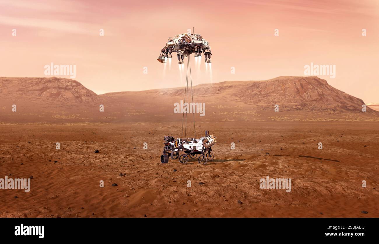 Illustration of NASA's Perseverance rover at the last stage of the ...