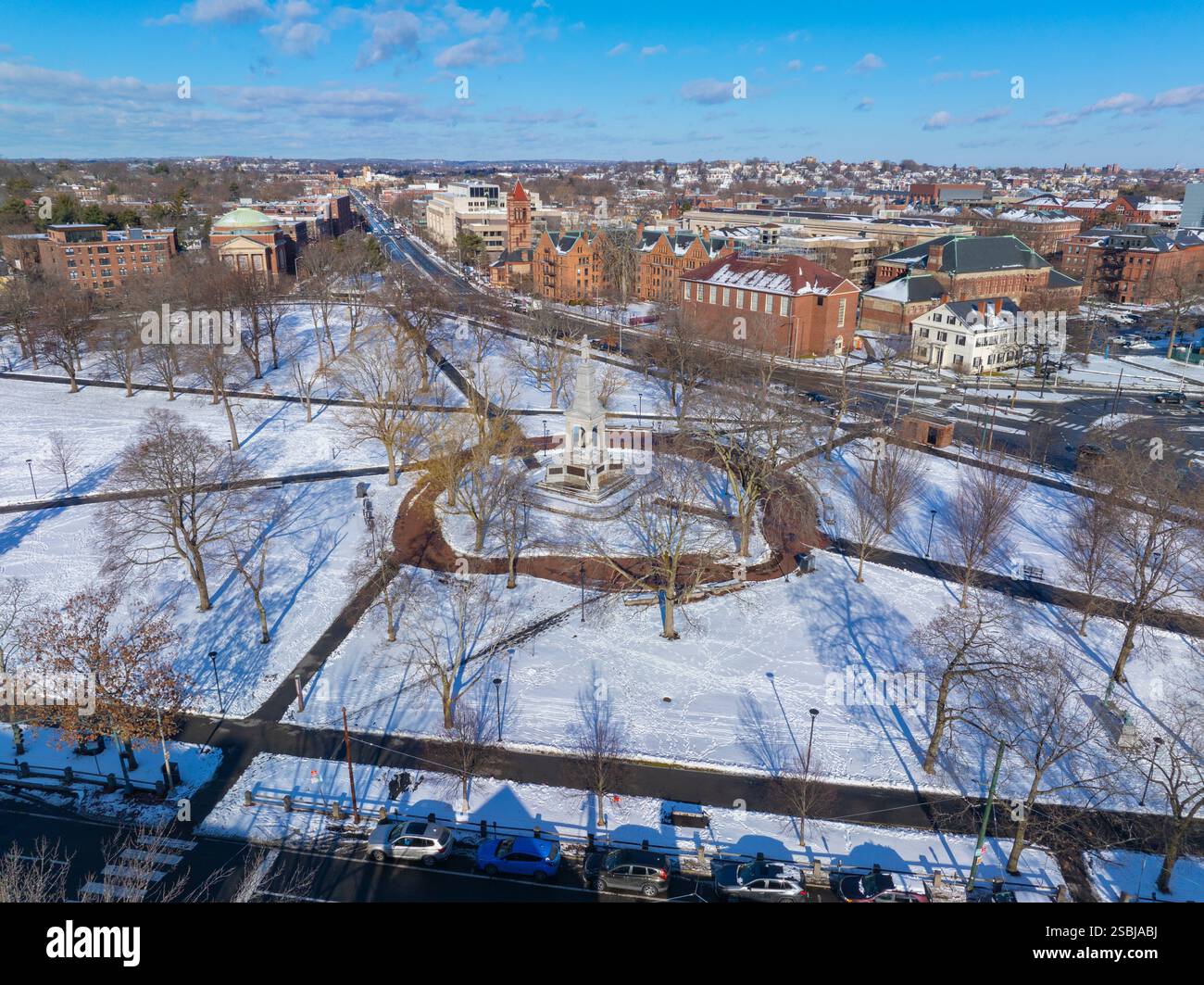 Cambridge Common and Old Harvard Yard aerial view in winter including ...