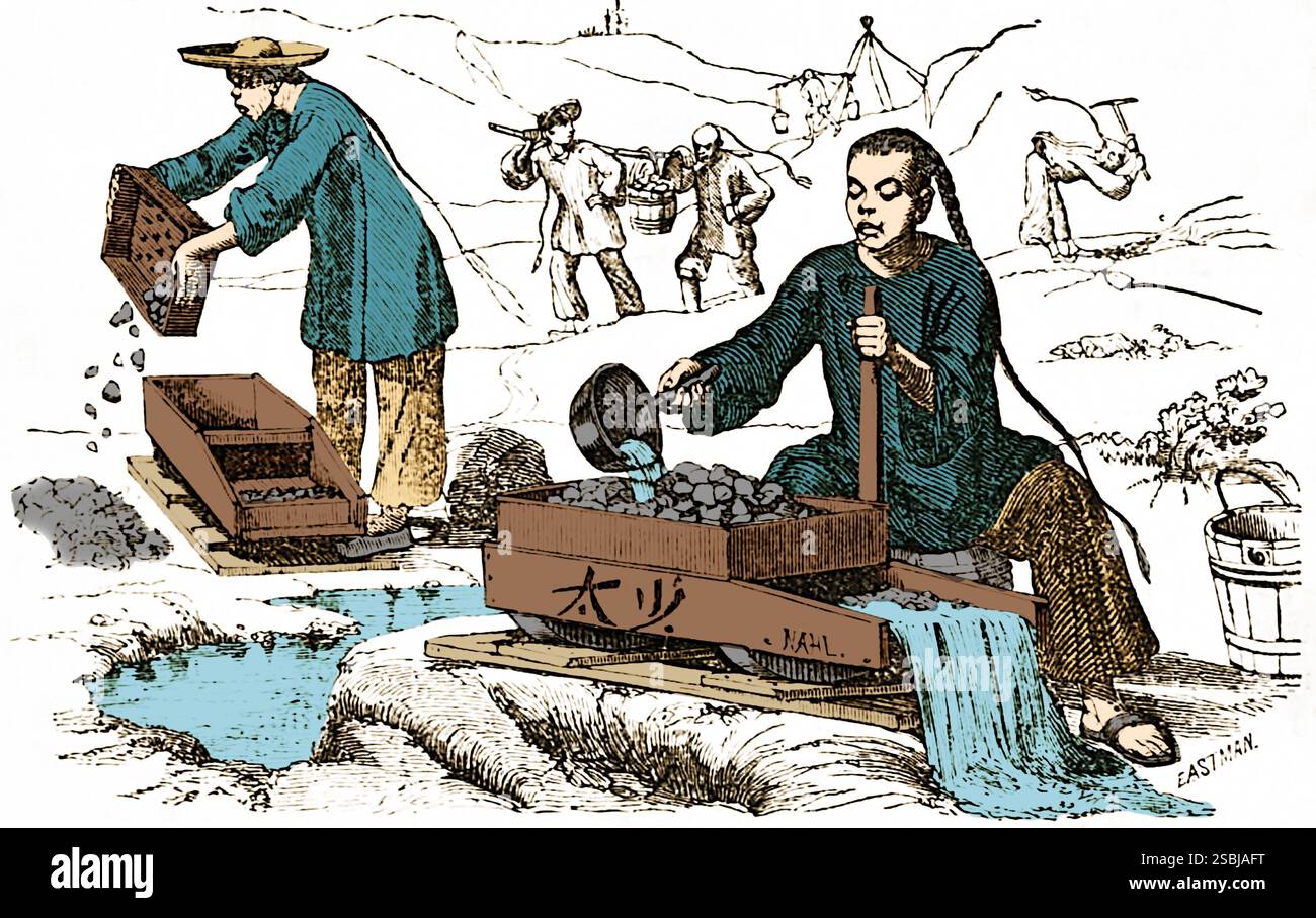Chinese gold miners using the cradle or rocker method during the ...