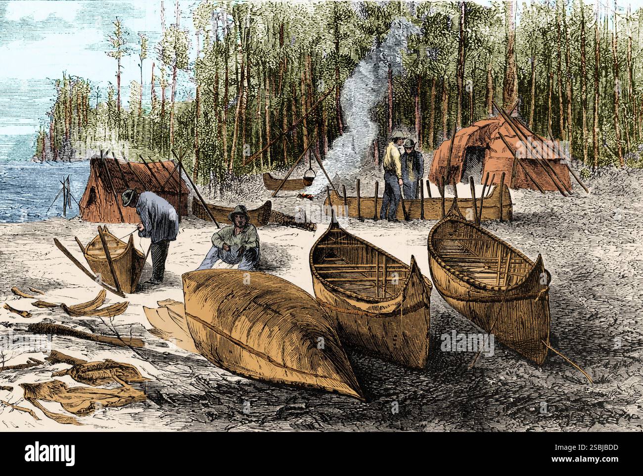 Wood engraving showing Native Americans making birch-bark canoes ...