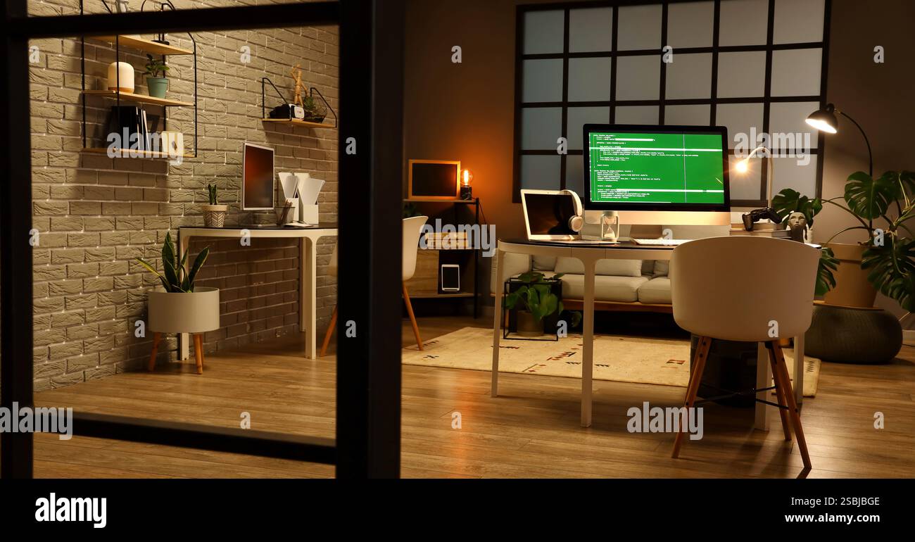 Interior of dark office with programmer's workplaces at night Stock ...