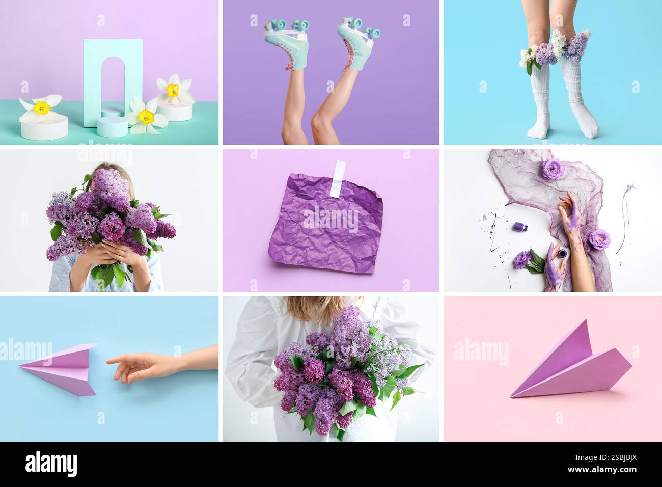 Collage of photos with lilac color Stock Photo - Alamy