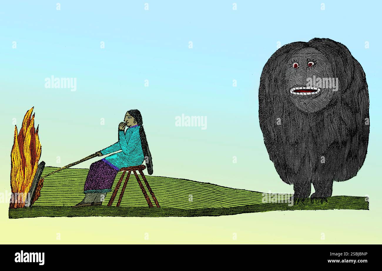 The Flying Head put to flight by a woman parching acorns. Drawing by ...