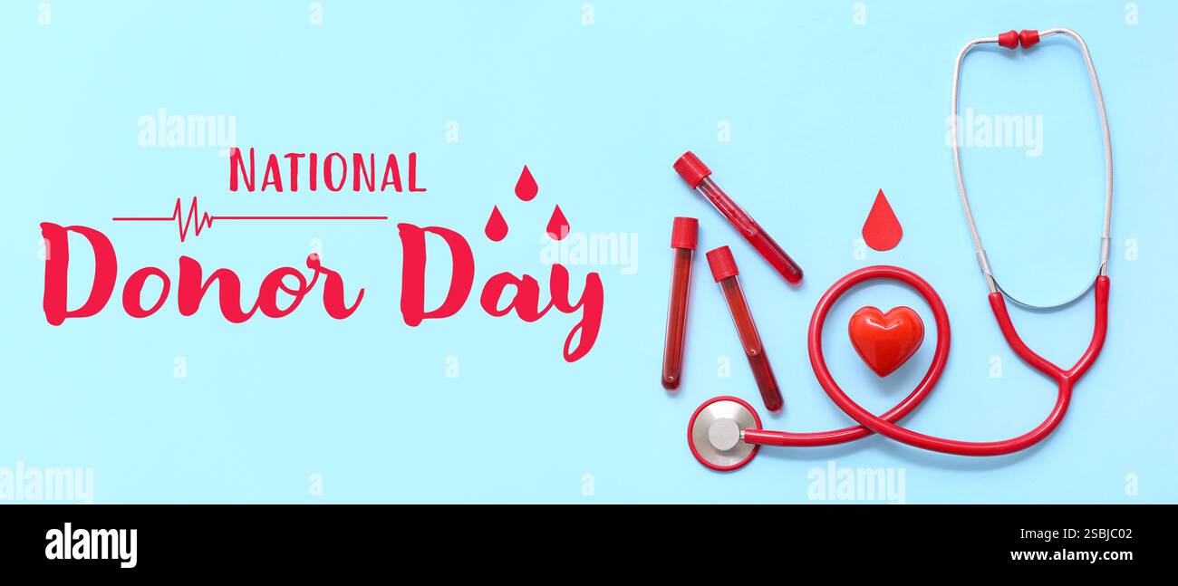 Heart, stethoscope and test tubes with blood on light blue background ...