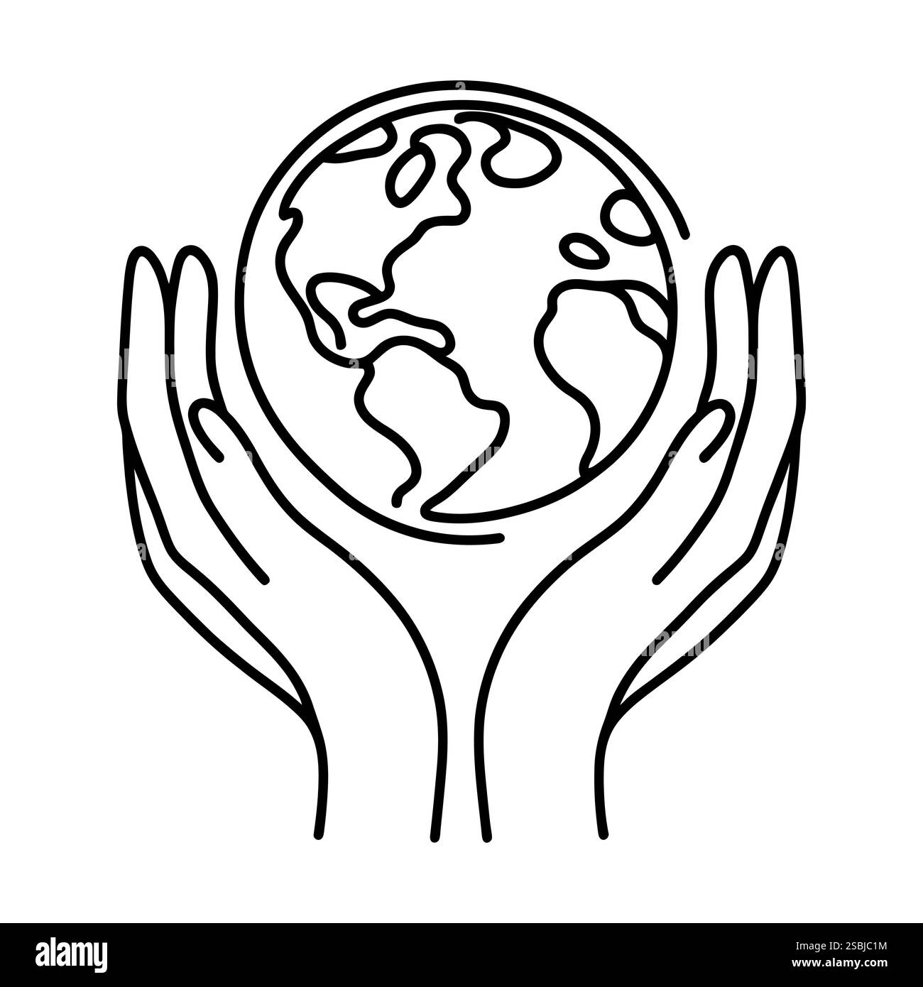 Linear Earth in hands isolated on white background. Black hand drawn ...