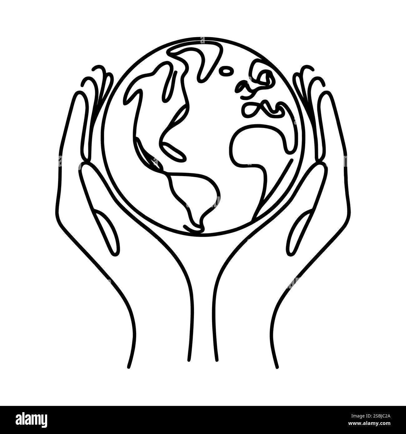 Linear Earth in hands isolated on white background. Black hand drawn ...