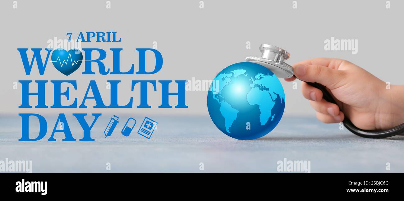 Banner for World Health Day with doctor's hand holding stethoscope and ...