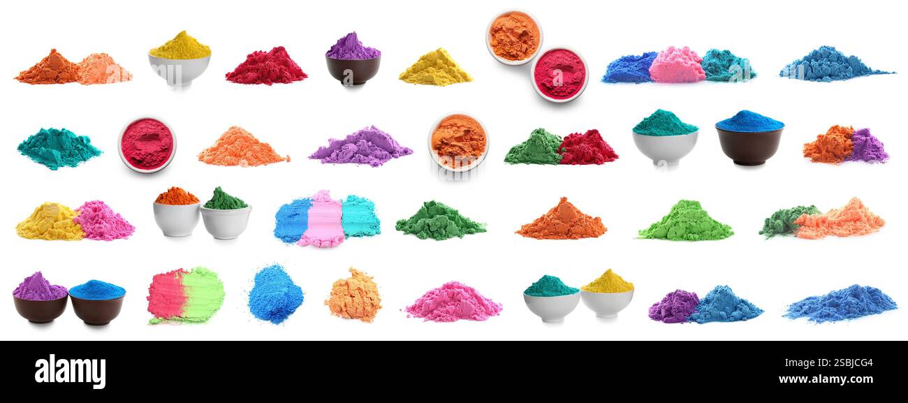 Set of different colorful powders on white background Stock Photo - Alamy
