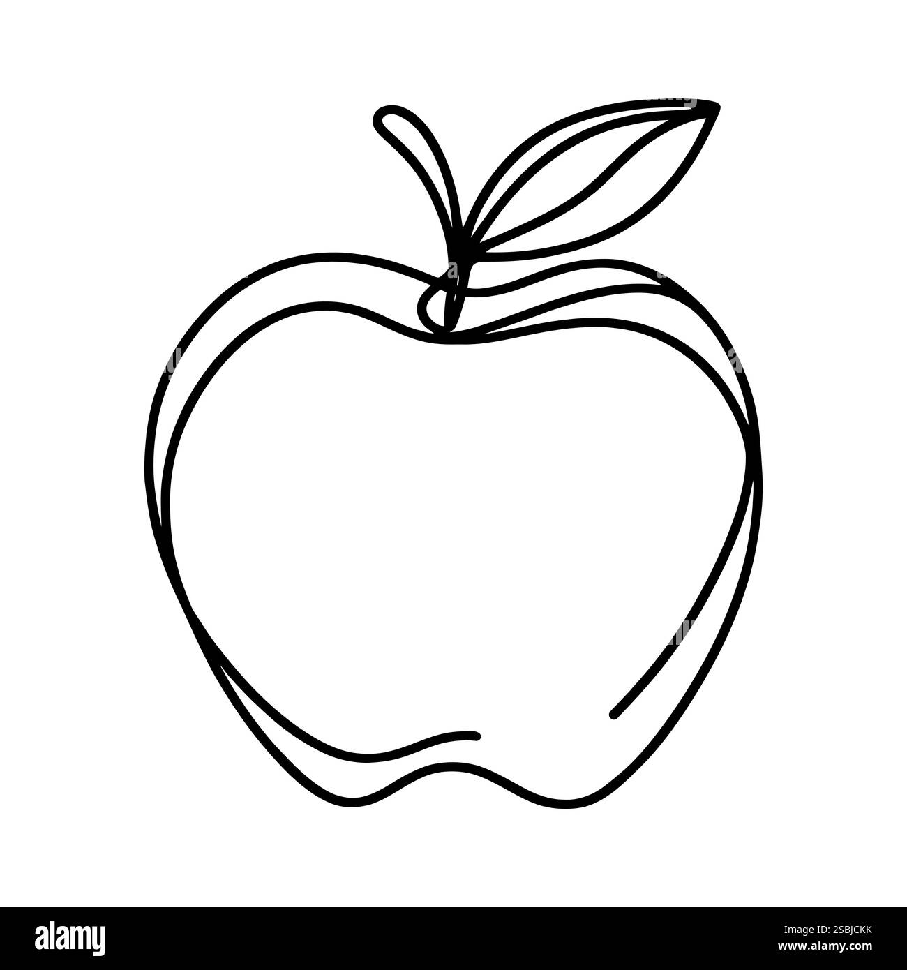 Simple black line drawing of an apple icon with a single leaf, isolated ...