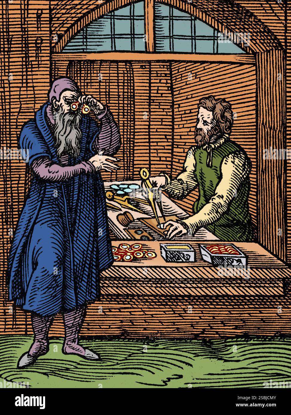 An old man trying on spectacles at a street vendor's optical shop ...