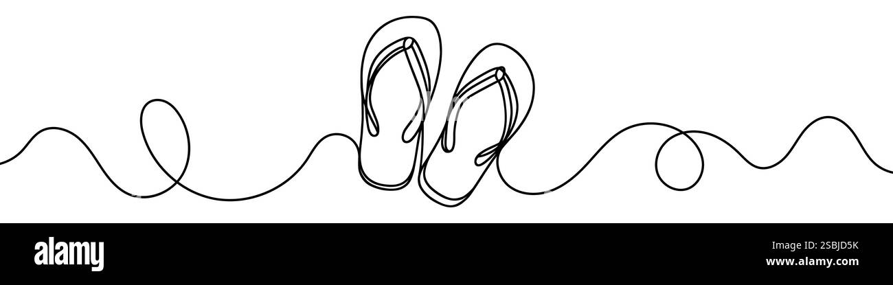 One continuous line illustration of flip flops, isolated on white background. Line art of flip ...