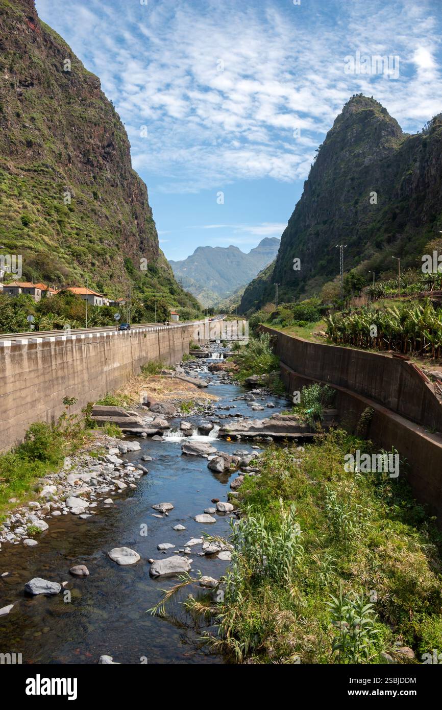 Shallow water in a riverbed, full of stones, rocks and plants. Big ...