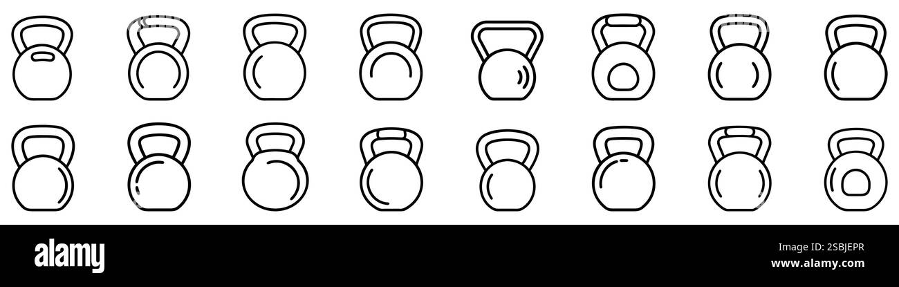 Kettlebell icon. Set of black linear icons of kettlebells for working ...