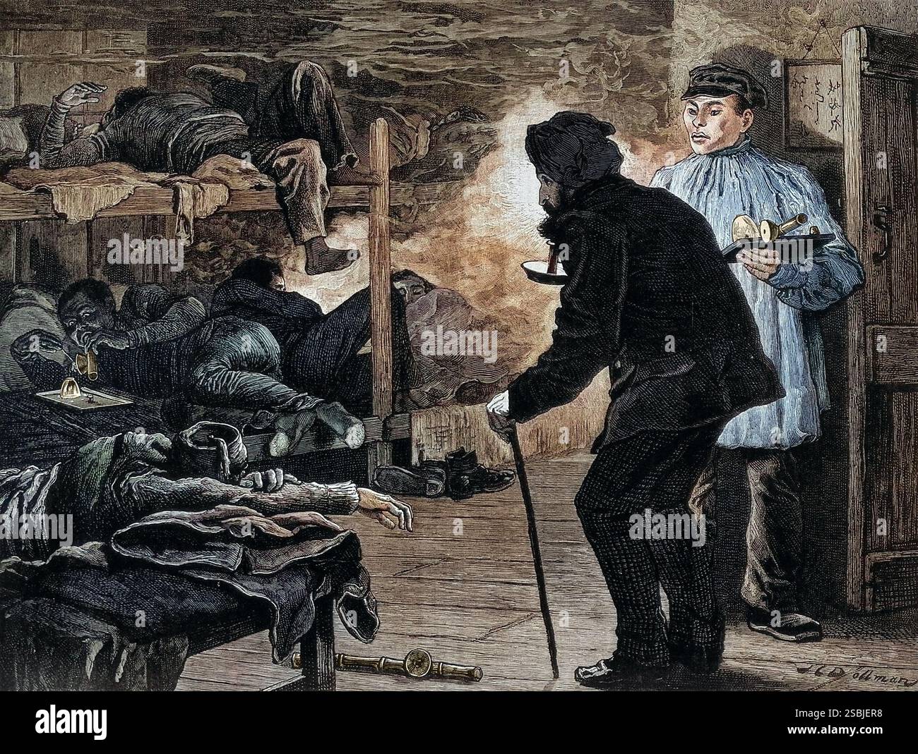 An opium den in London's East End with men lying on wooden bunks as a ...