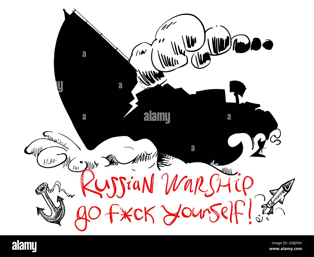 Silhouette of a sinking military ship with a crack and smoke on a white ...