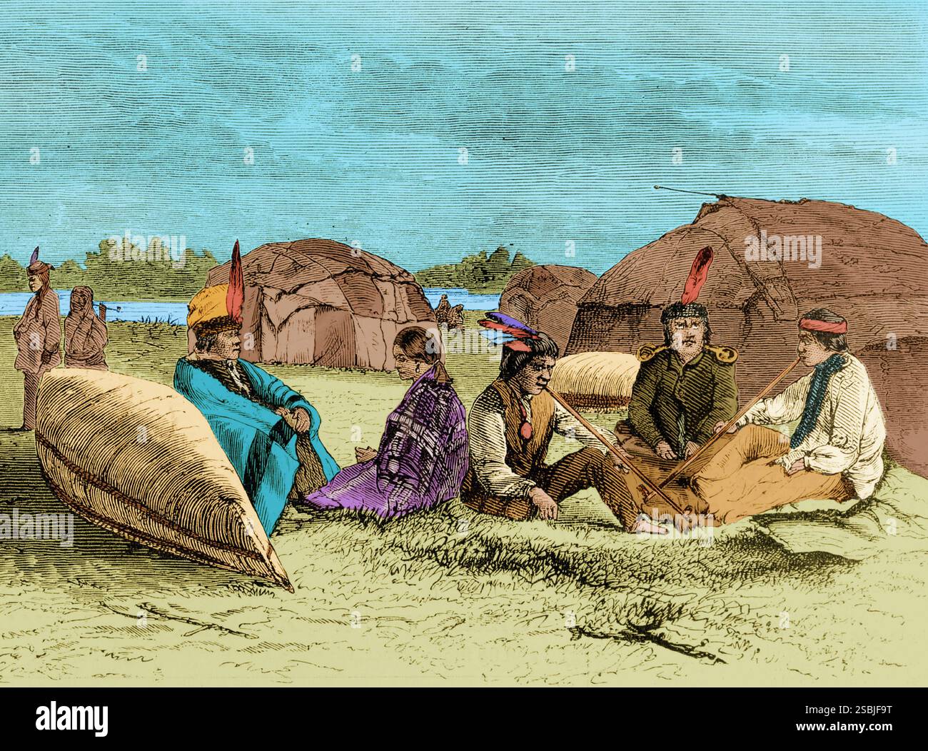 Native Americans in camp with birch-bark wigwams and canoe. Wood ...