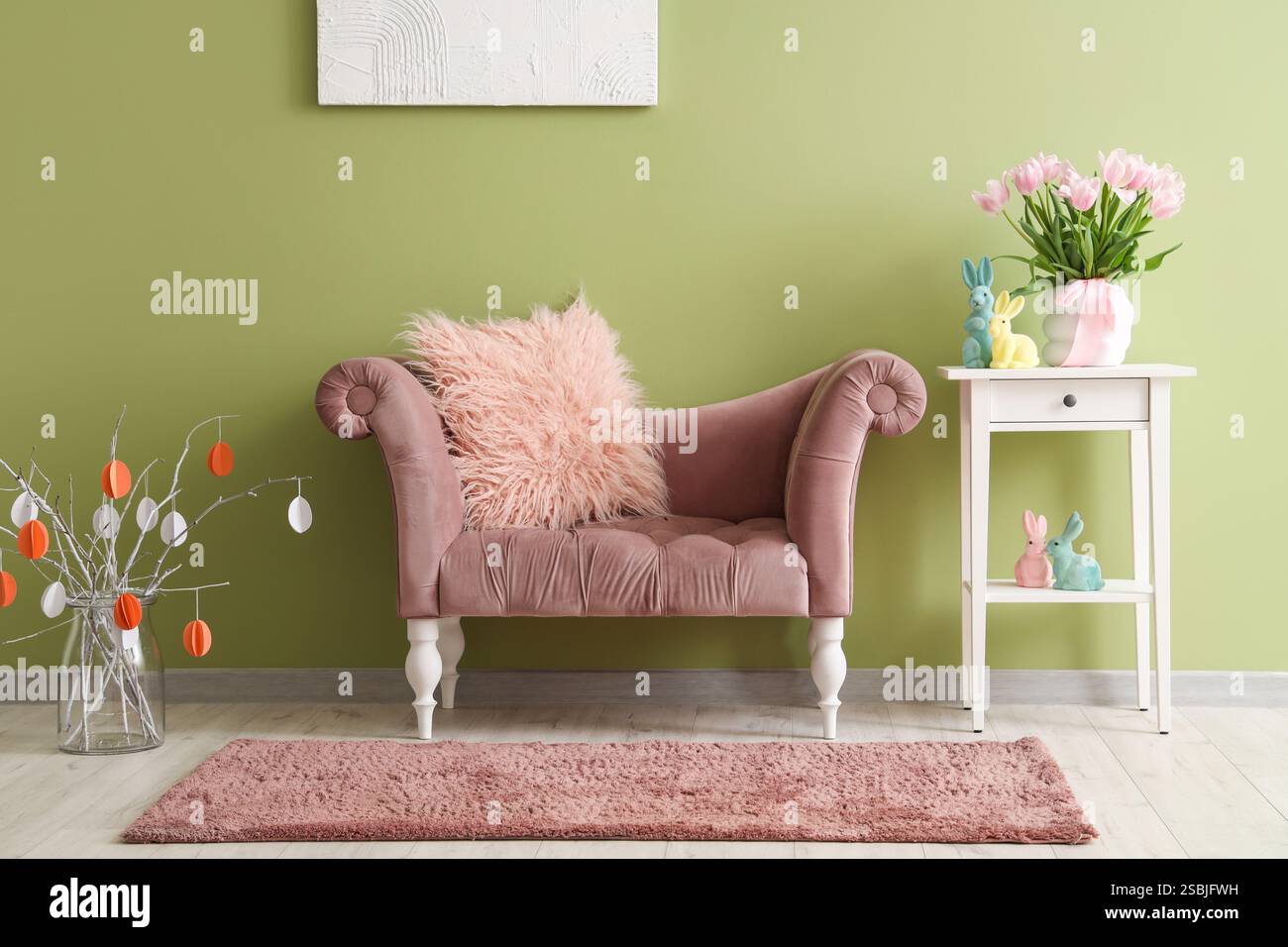Interior of living room with cozy armchair and decorations for Easter ...