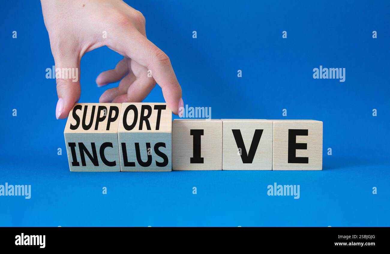 Supportive and Inclusive symbol. Hand turns a cube and changes the word ...
