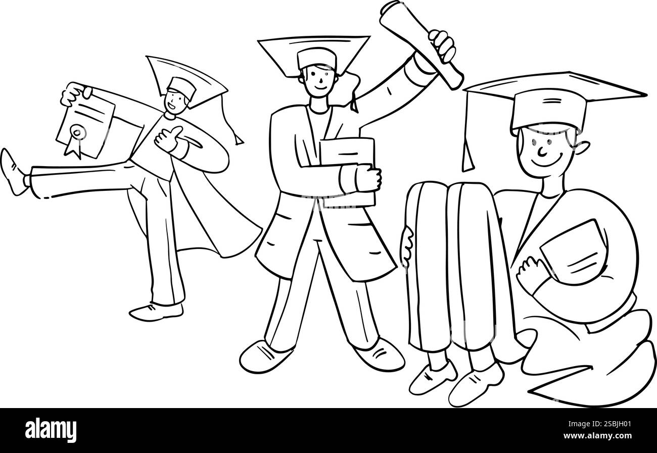 Cheerful students in a linear doodle style on a white background Stock ...