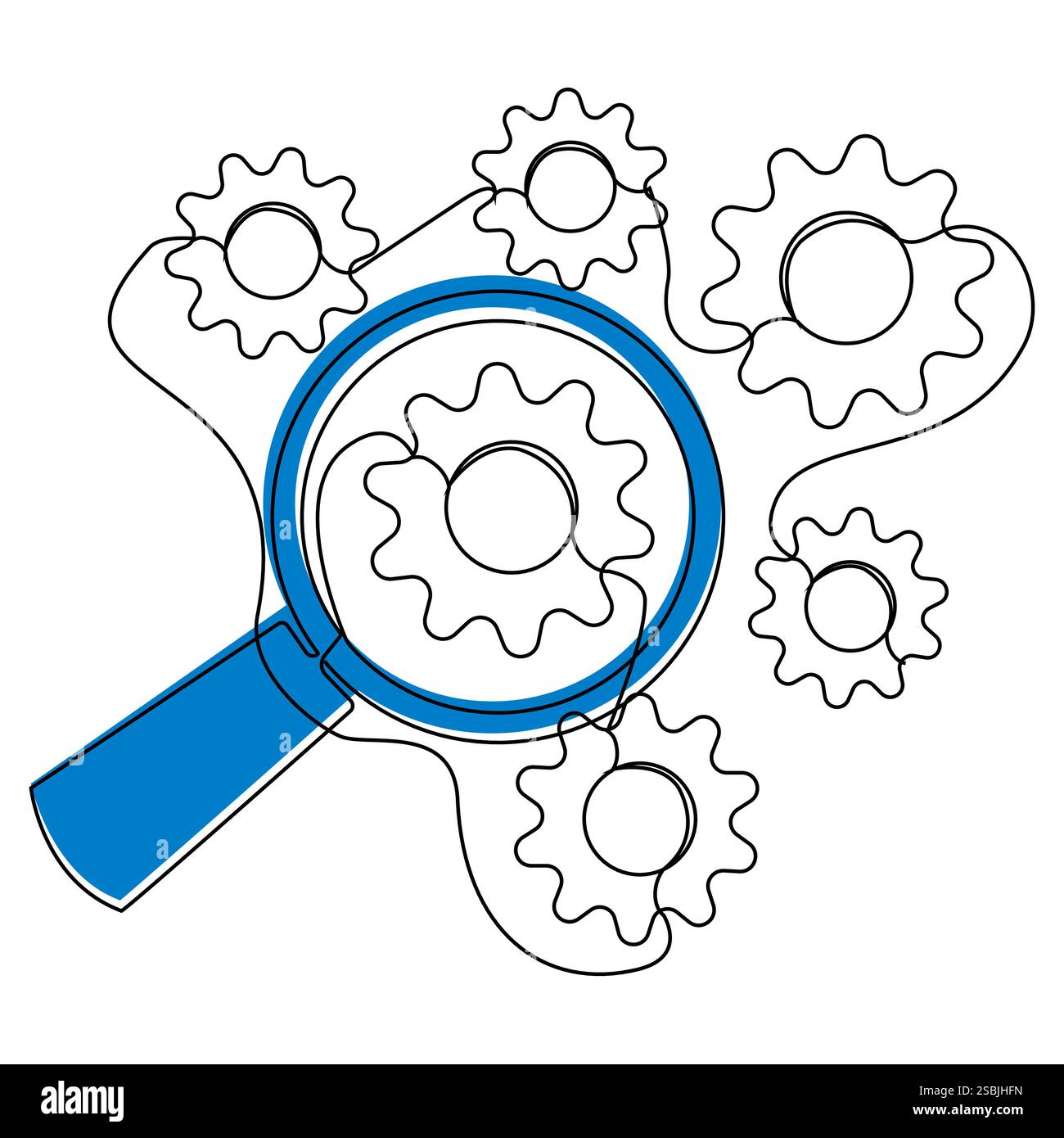 Blue Magnifier pointing at the gears with one line on a white ...