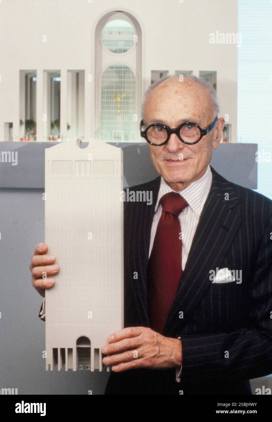 Philip Johnson (1906-2005), American architect, with AT&T model, 1977. Photograph by Bernard ...