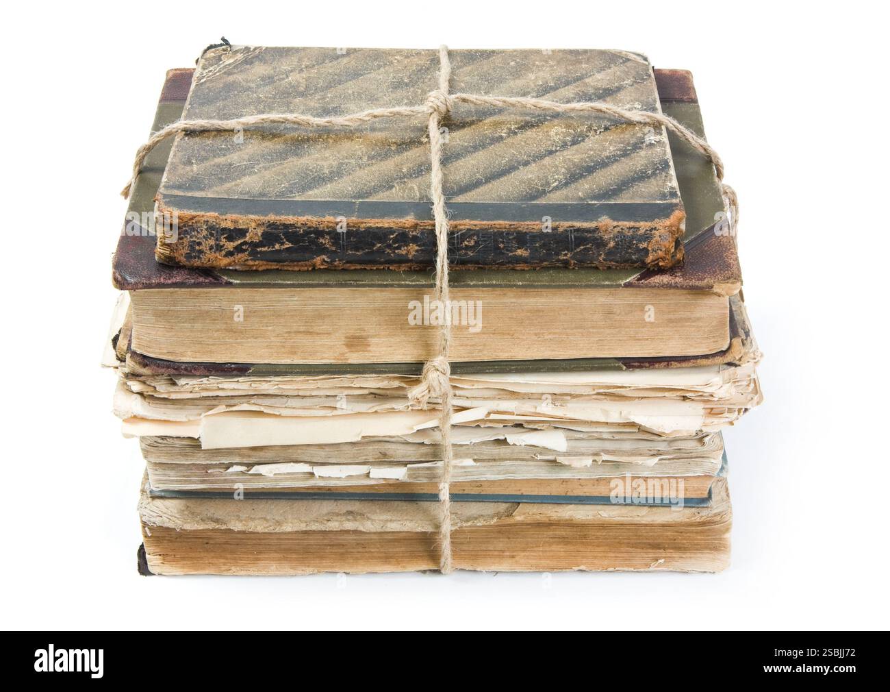 An old book with a crumpled sheet and hardcover isolated on white ...