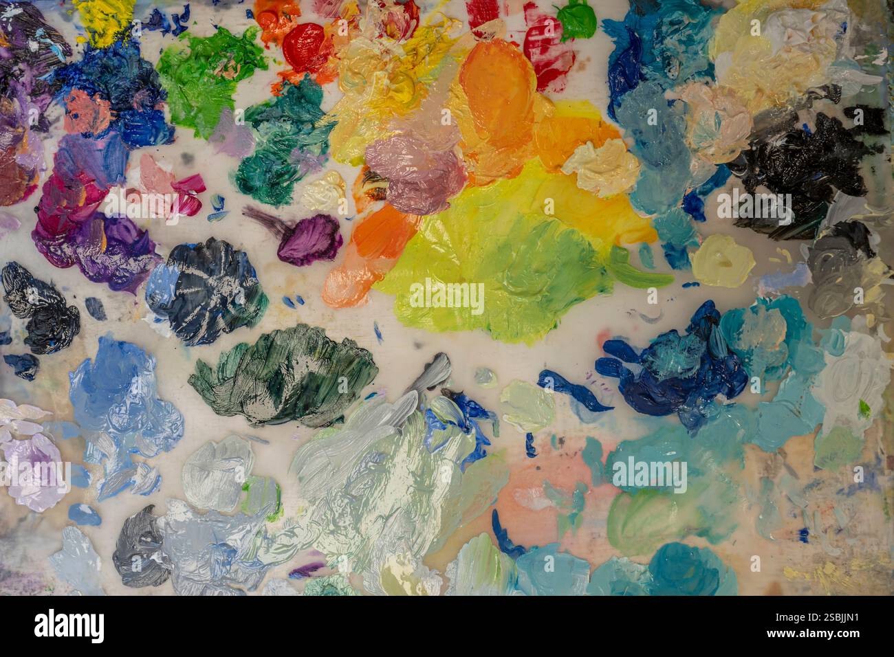 Detail of color mixes on a color palette during a drawing class Stock ...