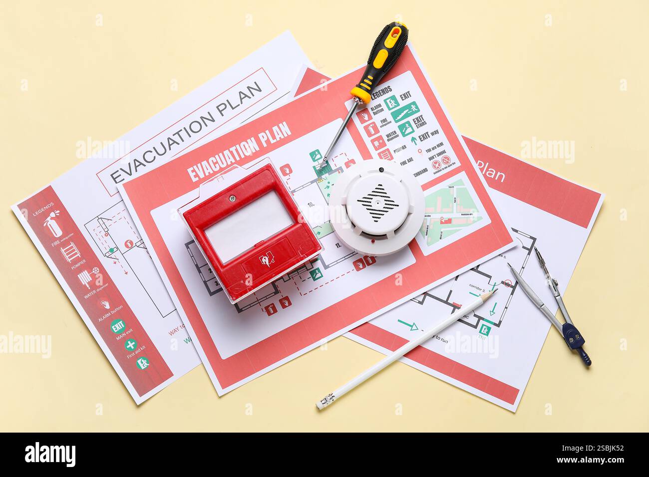 Modern smoke detector with fire call point, supplies and evacuation ...