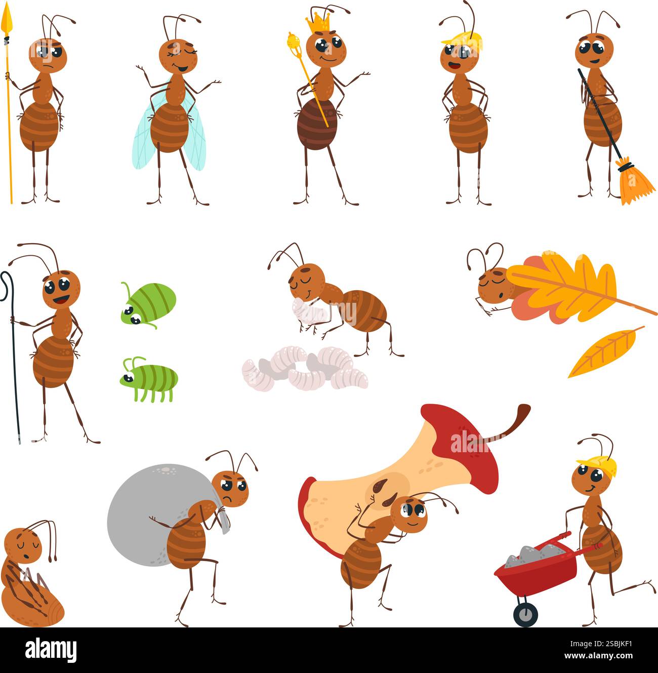 Funny ants. Cartoon ant character sleeping, working, resting, eating ...