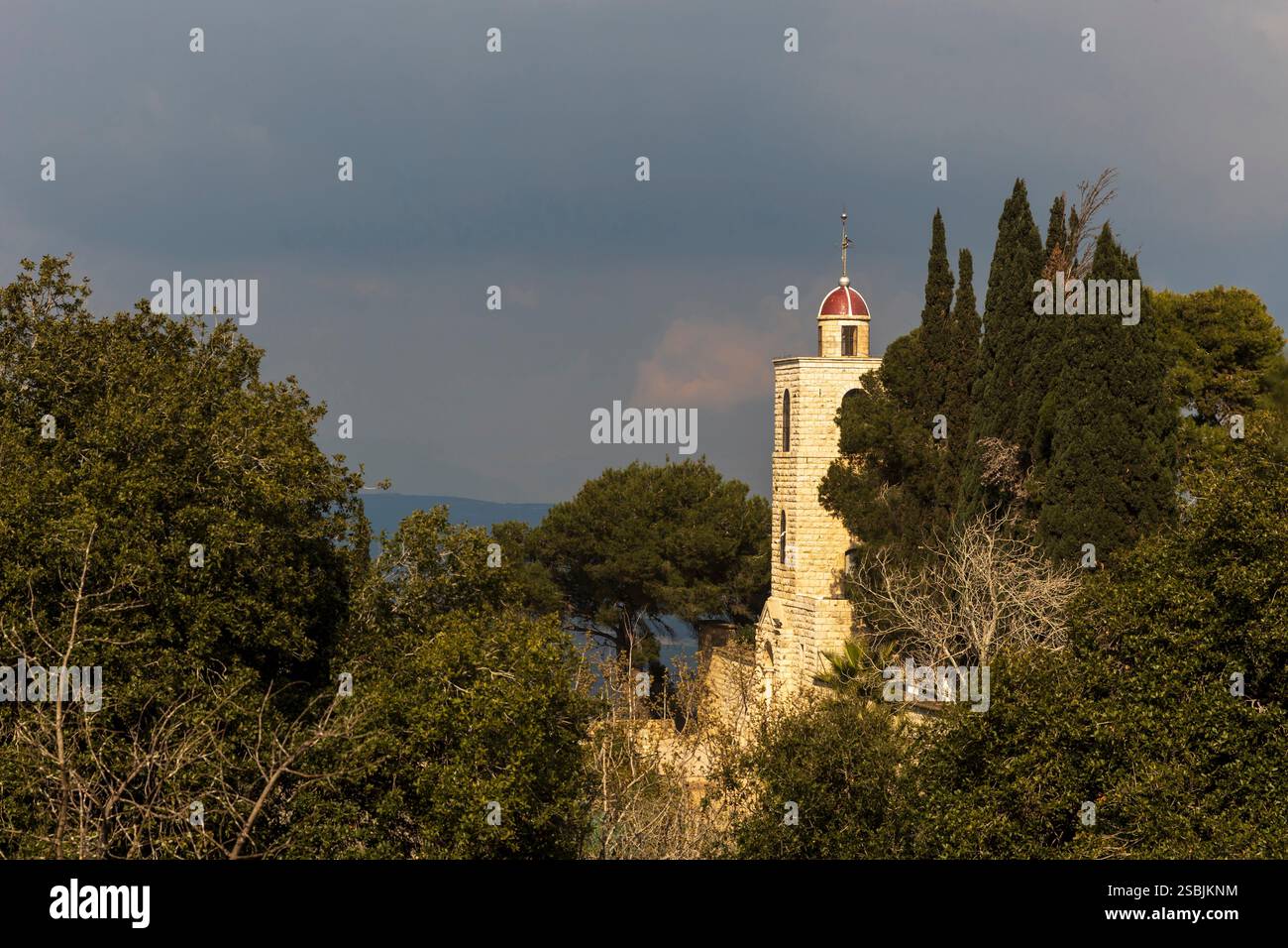 Mount Tabor, Israel – February 3, 2025: View of the road to the Greek ...