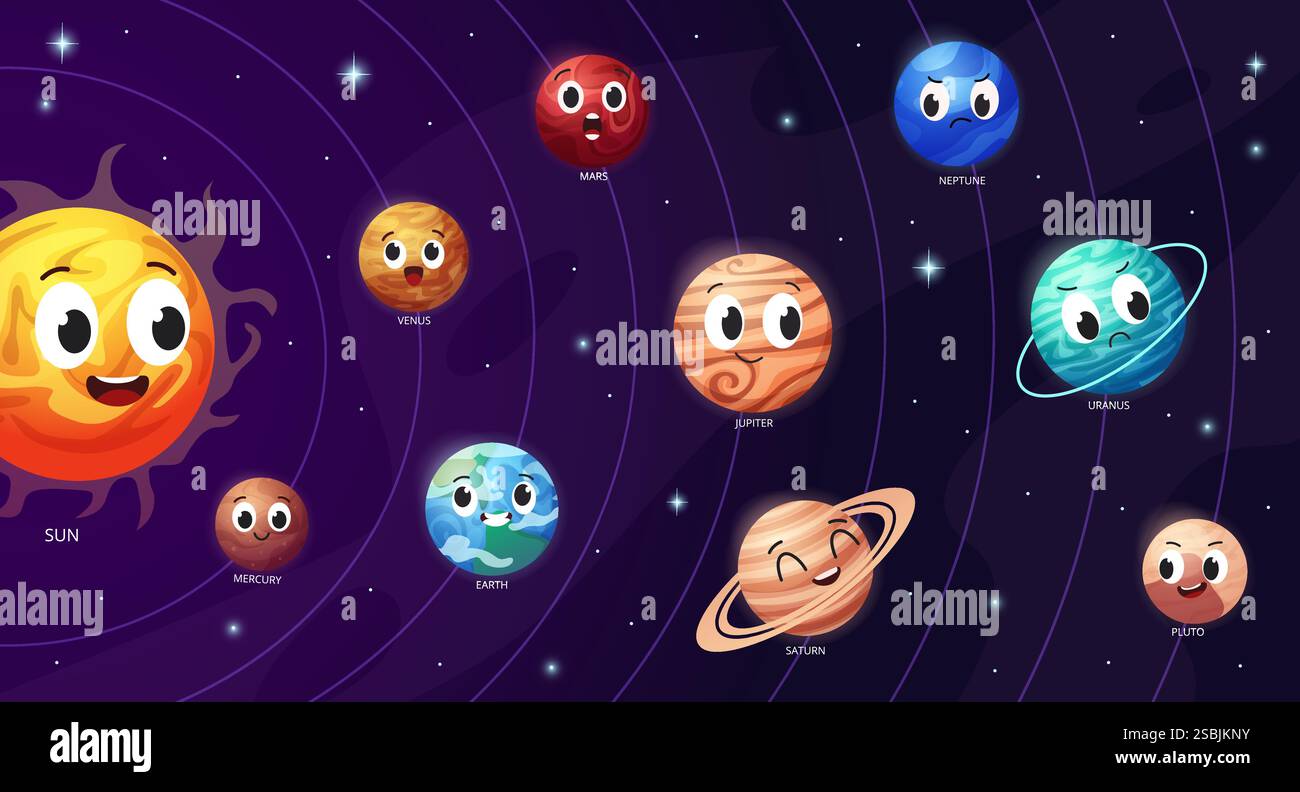 Solar system. Cartoon planets with different emotions, educational ...