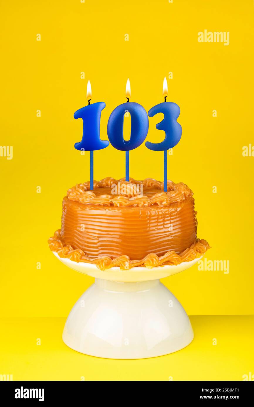 Happy birthday cake with number 103 candle - Card on a yellow ...