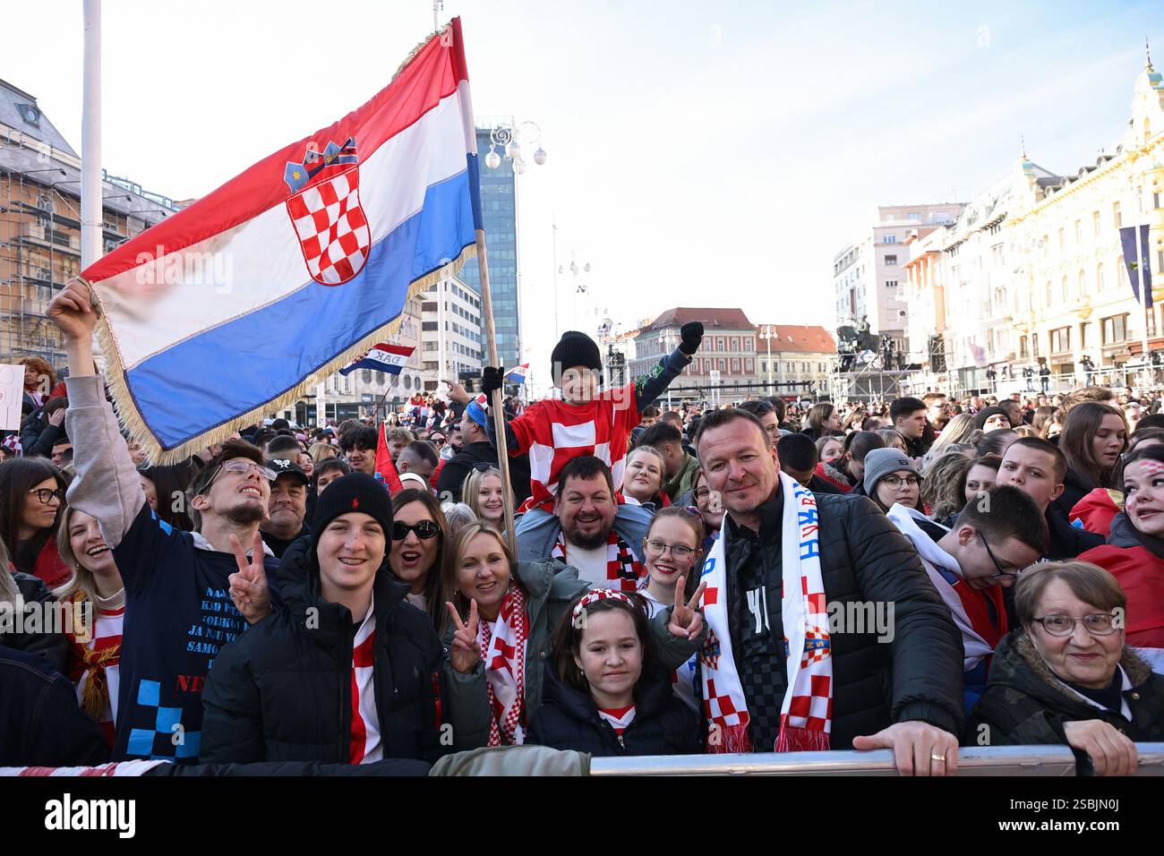 Croatia fans are seen ahead Croatia Handball Team celebration parade at ban Jelacic Square in ...