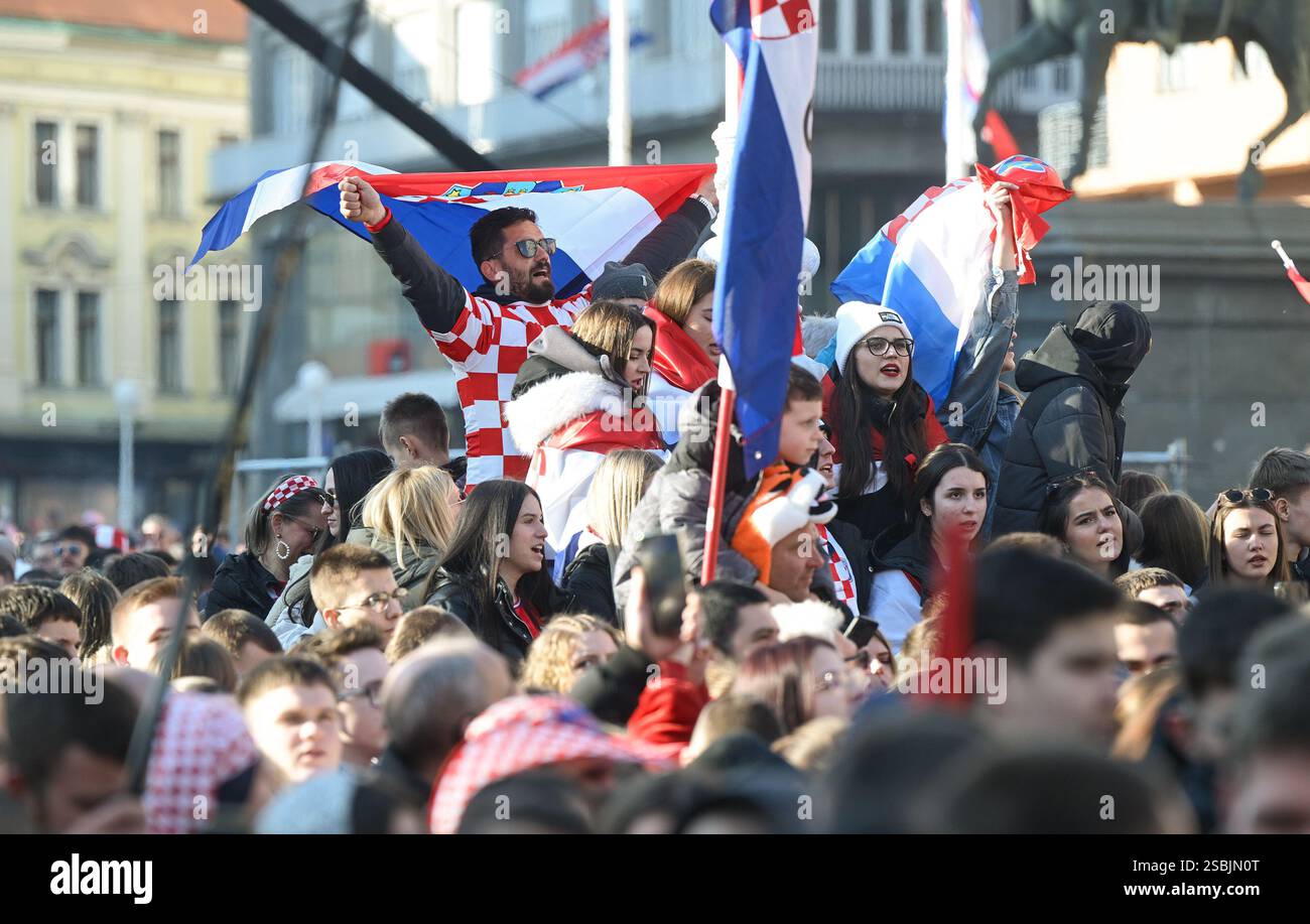 Zagreb, Hrvatska. 03rd Feb, 2025. Croatia fans seen cheering ahead Croatia Handball Team ...