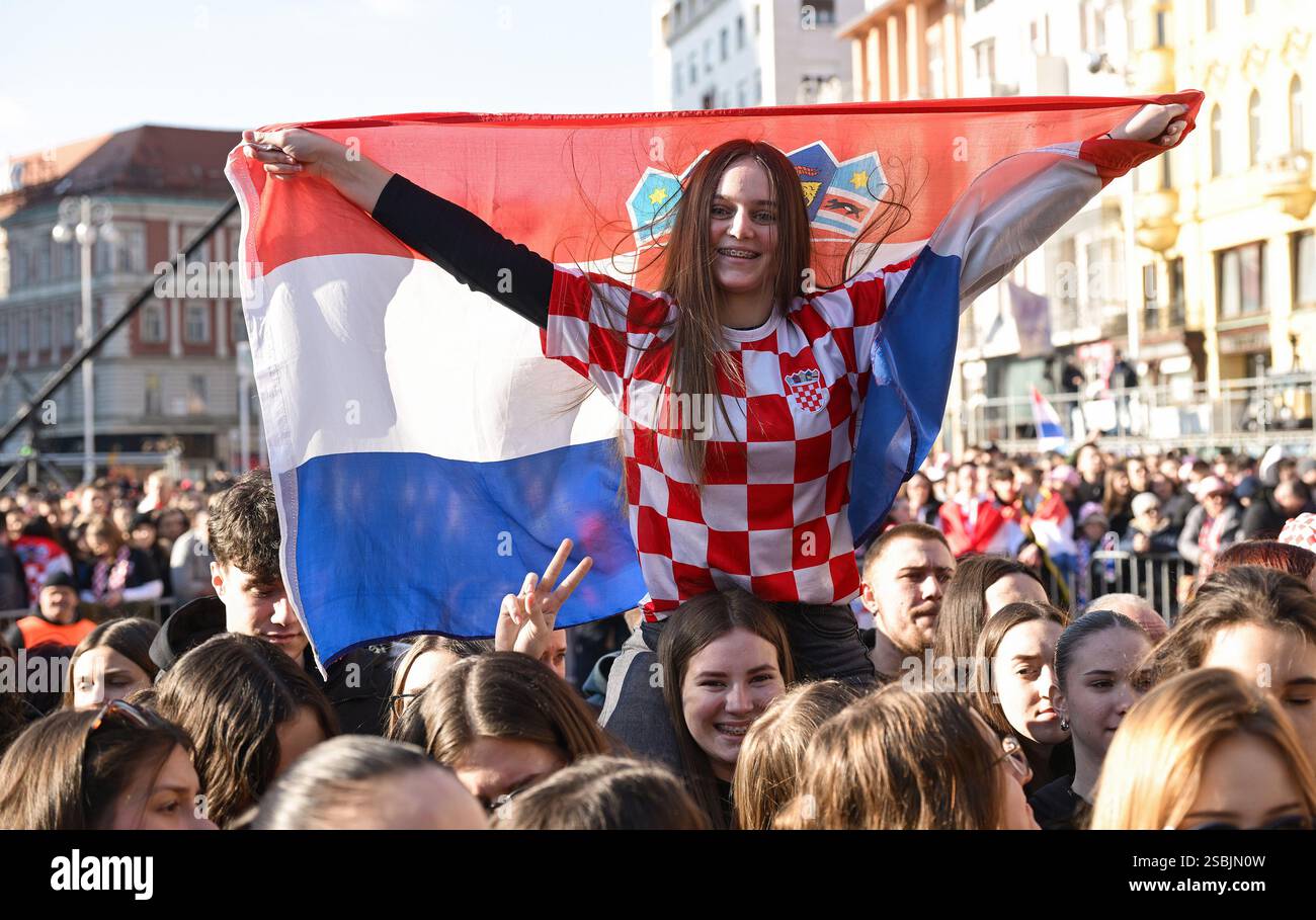 Zagreb, Hrvatska. 03rd Feb, 2025. Croatia fan is seen cheering ahead Croatia Handball Team ...