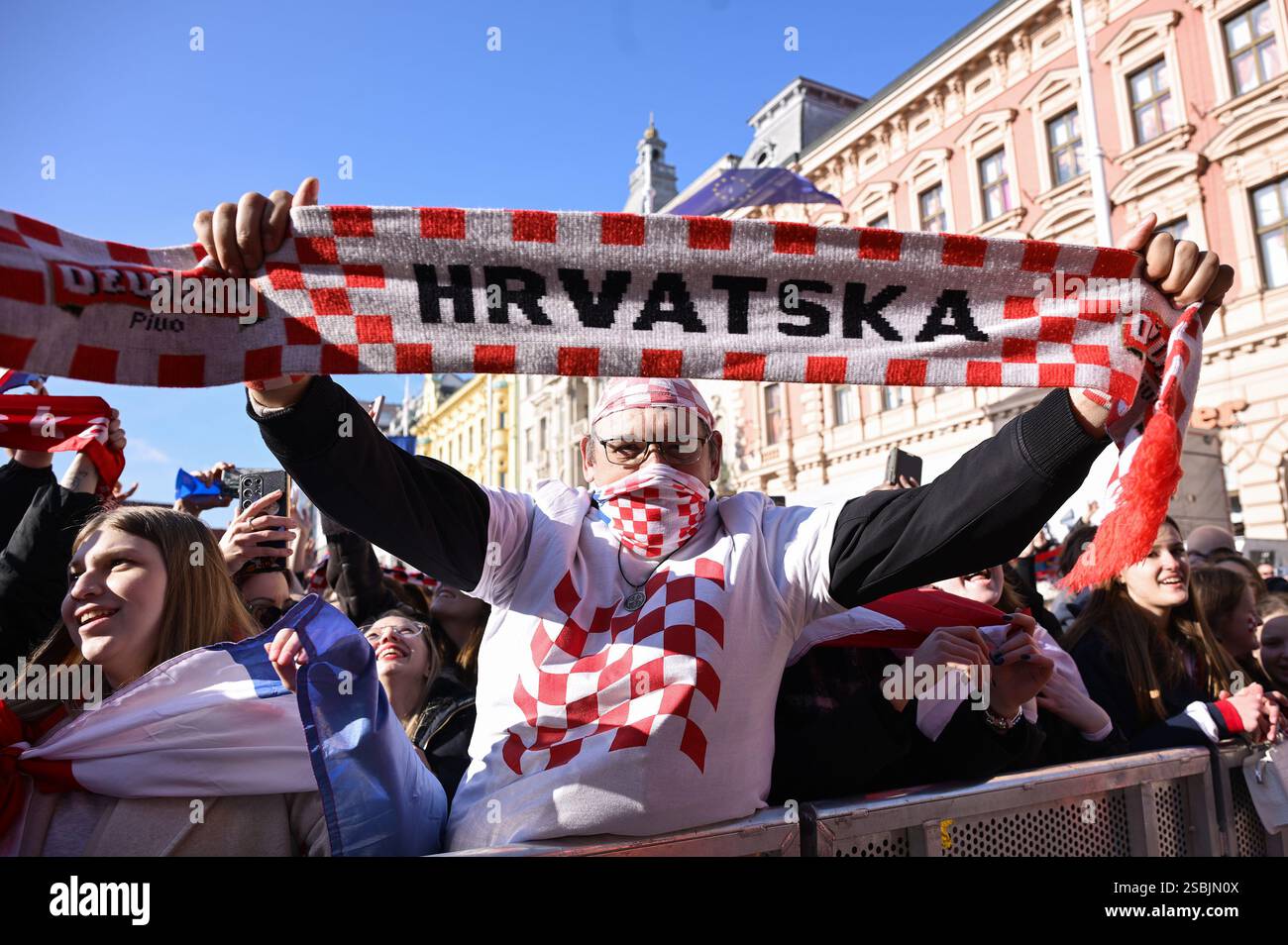 Croatia fans are seen ahead Croatia Handball Team celebration parade at ban Jelacic Square in ...