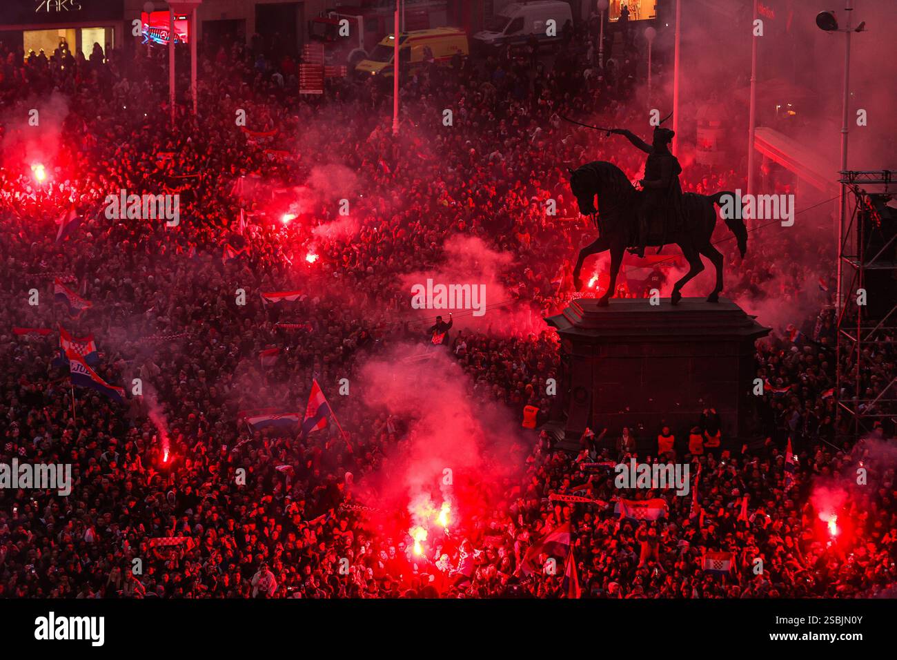 Zagreb, Zagreb. 03rd Feb, 2025. Croatian fans lit torches during celebration parade for Croatian ...