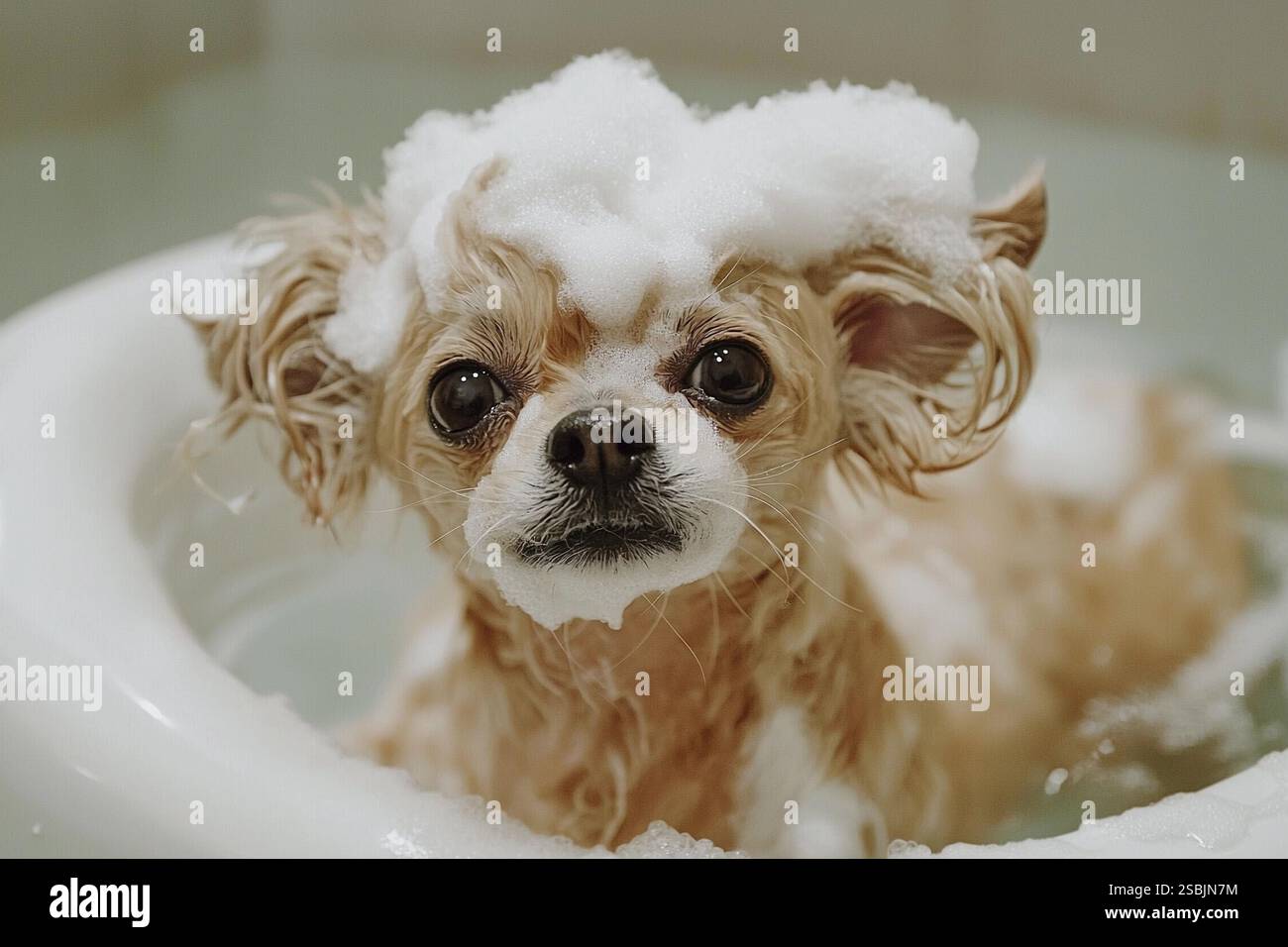 A small dog with foam on its head is in a bath getting groomed, looking ...