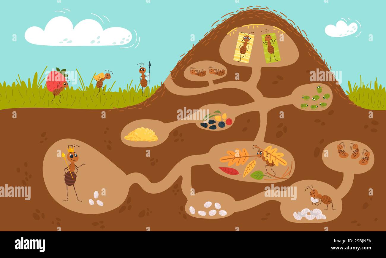 Cartoon anthill illustration. Funny ants underground working and ...