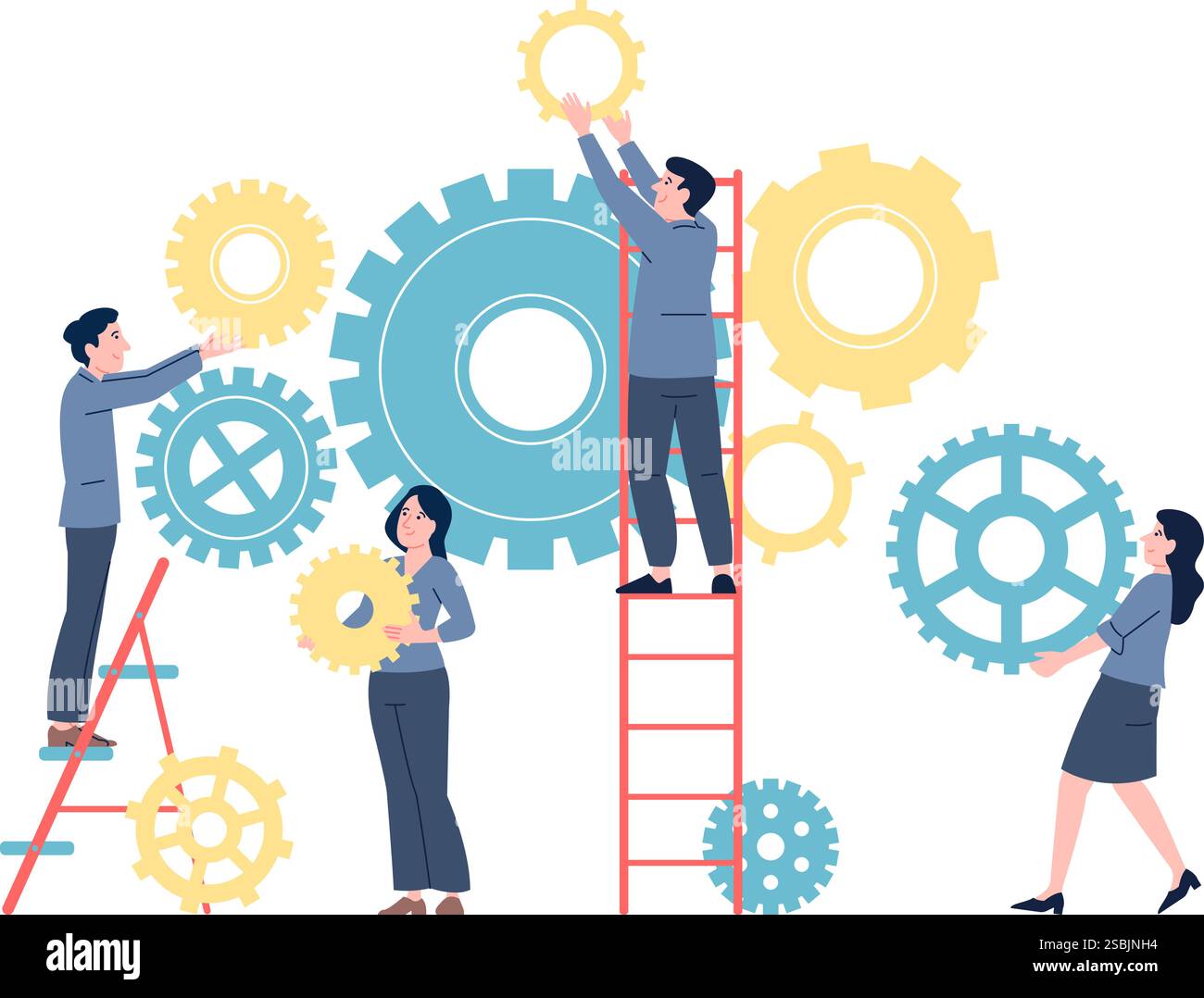 Teamwork business office team. Tiny managers with giant gears put parts ...