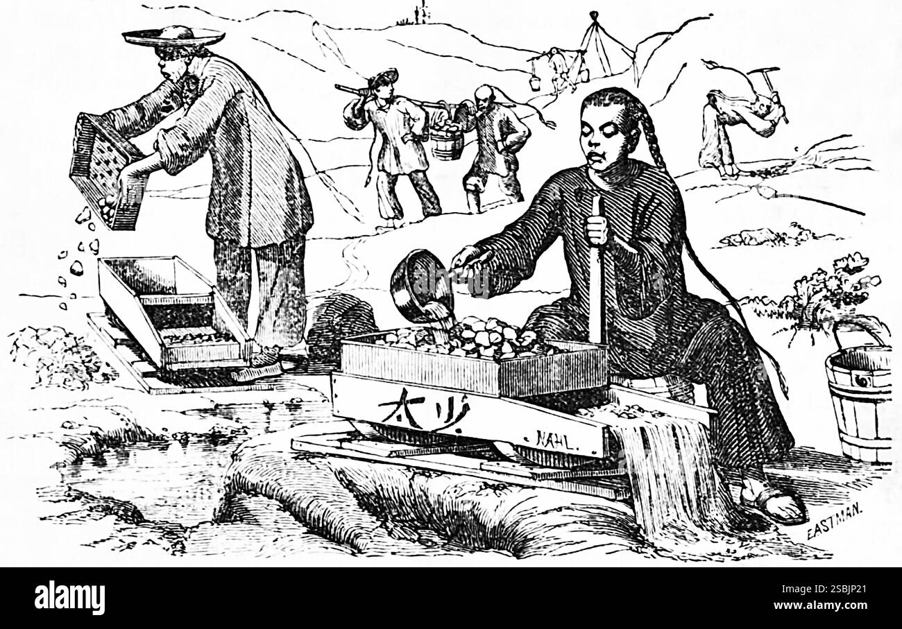 Chinese gold miners using the cradle or rocker method during the ...