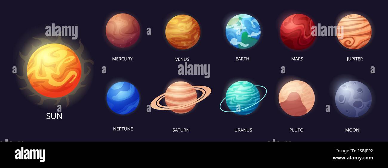 Cartoon solar system planets. Universe elements, astronomy galaxy ...