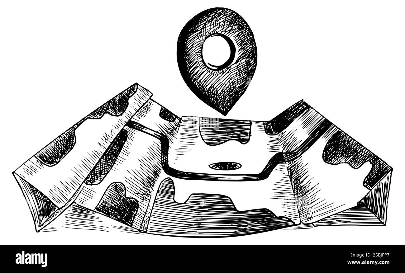 Paper map with marker in sketch style on white isolate Stock Vector ...