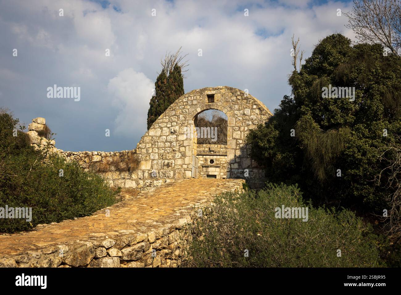 Ancient fortifications on Mount Tabor. Moat bridge and abandoned stone ...