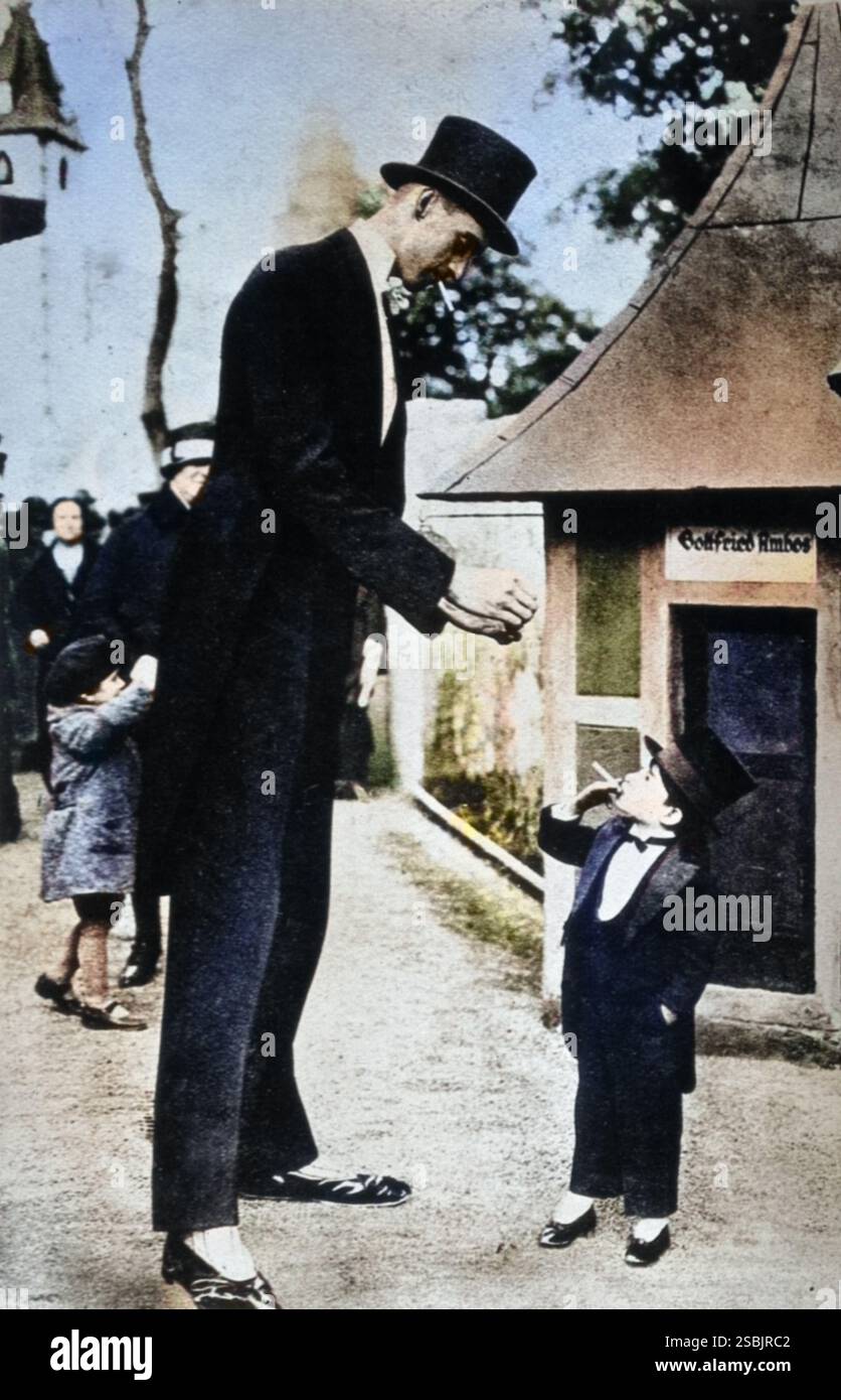 Gigantism and ateleiosis. Picture postcard illustrating a performance ...