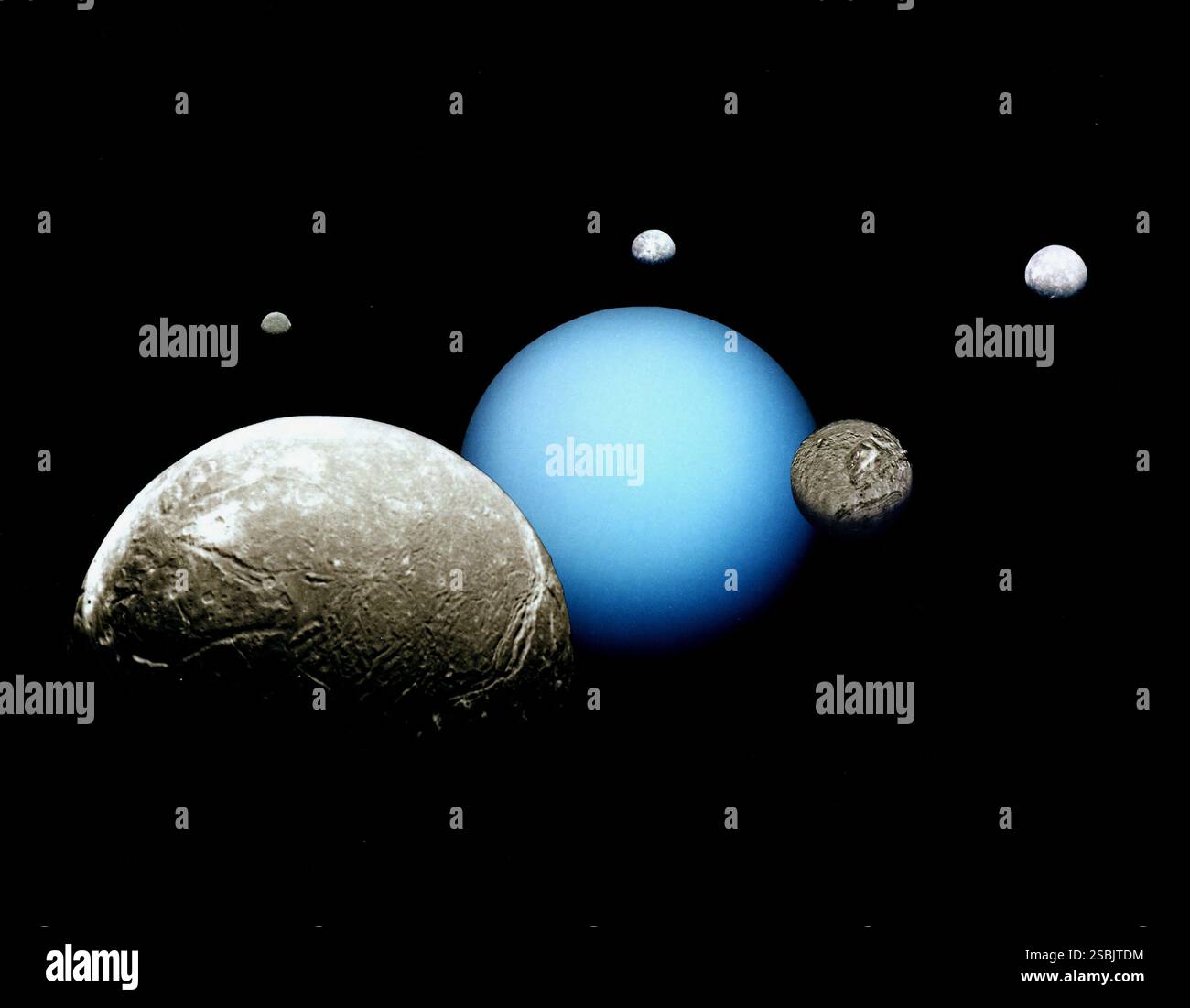 Uranus and its five major moons are depicted in this composite of images acquired by the Voyager ...