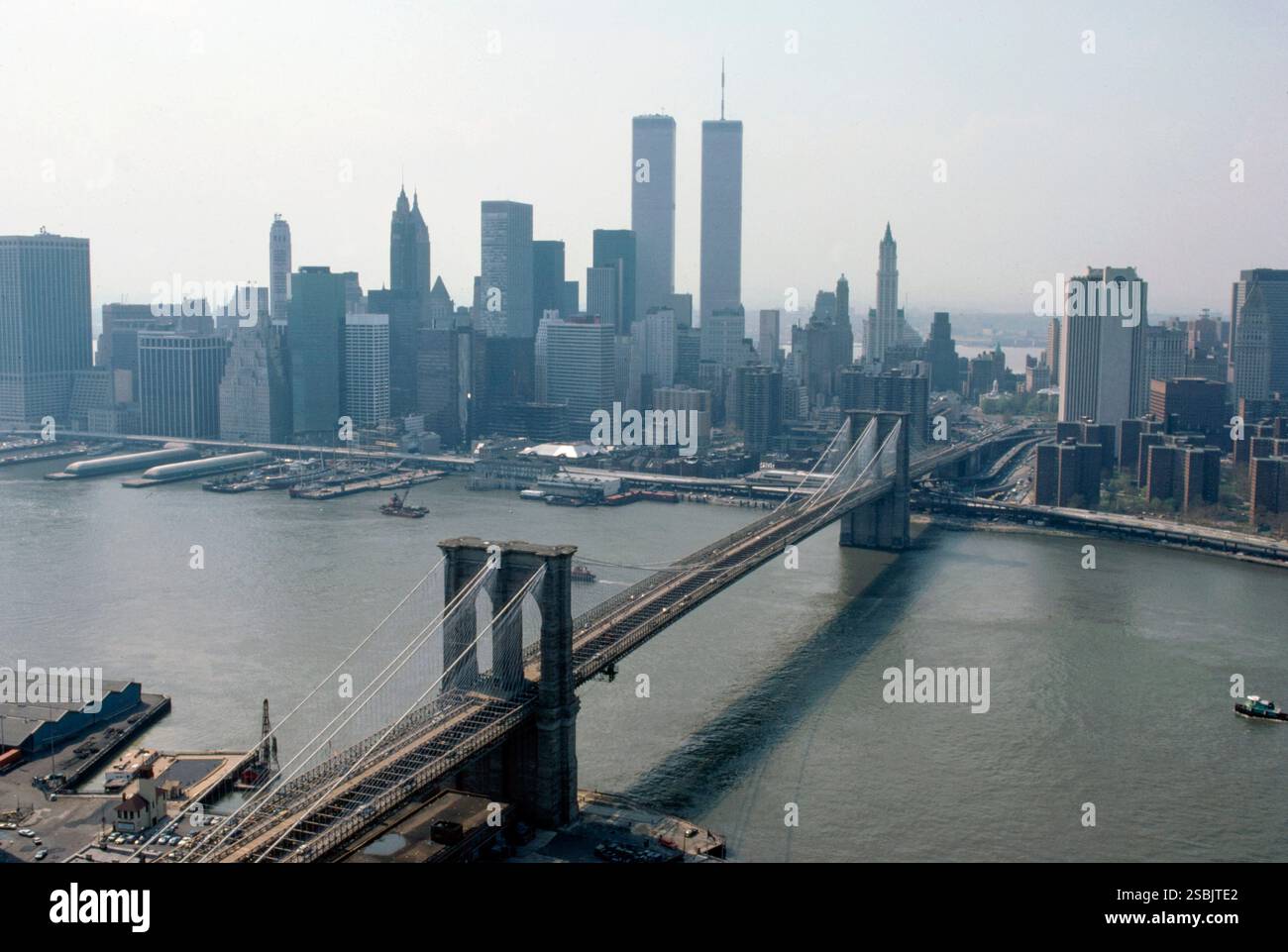 Brooklyn Bridge and World Trade Center, 1983. Photograph by Bernard ...