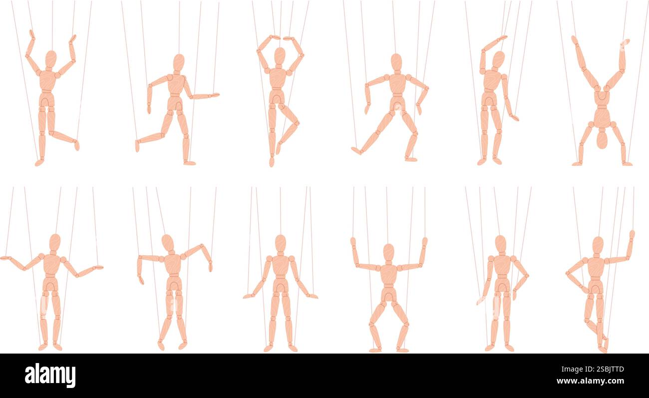Wooden puppet doll. Marionette in different actives poses. Model for ...